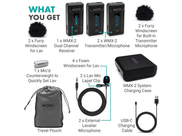 Movo WMX-2-DUO Dual Wireless Lavalier Microphone System with Charging ...