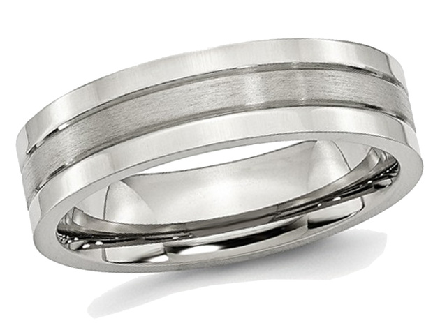 Mens Chisel Stainless Steel 6mm Grooved Satin and Polished Wedding Band ...
