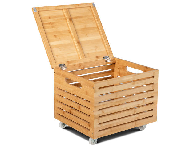 Costway Bamboo Rolling Storage Organizer Box Wood Storage Office Box ...