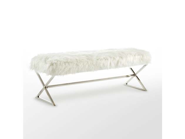 Aurora Faux Fur X-Leg Bench Chrome White | Joyus