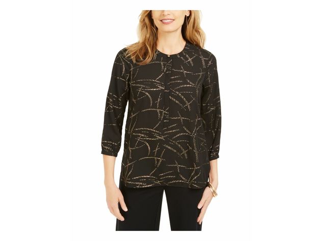 JM Collection Women's Petite Printed 3/4-Sleeve Top Black Size Petite ...