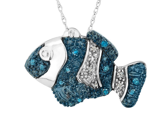 1/10 Carat (ctw) Blue & White Diamond Fish Charm Pendant Necklace in ...