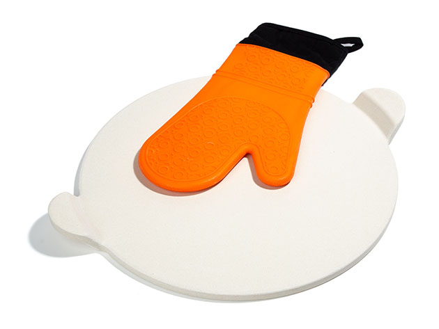 15" Round Pizza Baking Stone with Heat-Resistant Silicone Oven Mitt ...