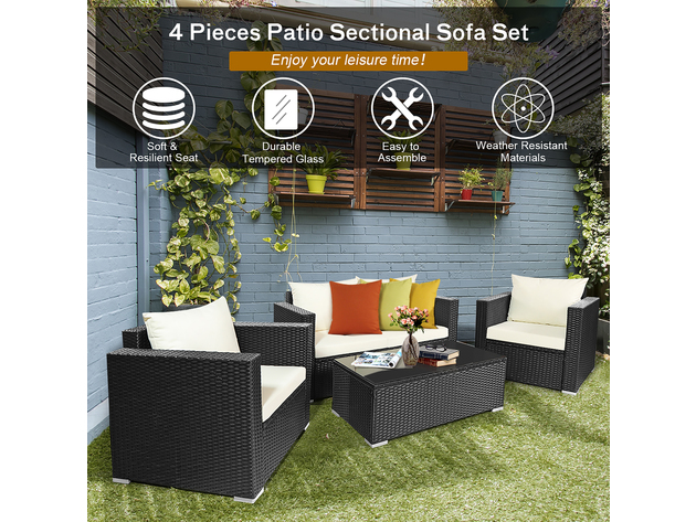 Costway 4 Piece Patio Rattan Furniture Set Cushioned Sofa Chair Coffee ...